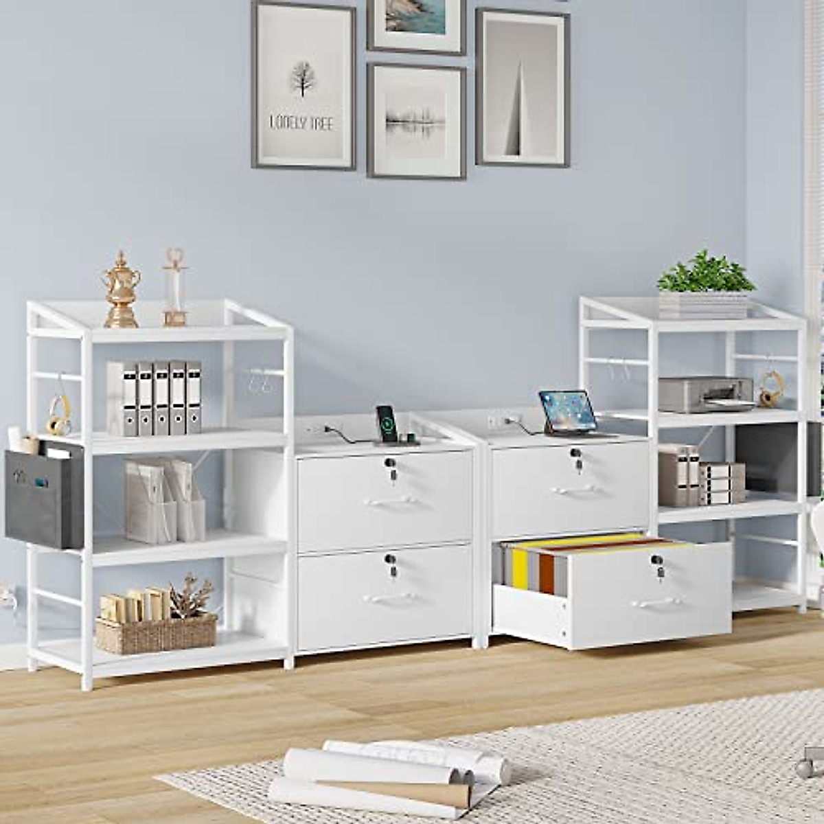 SEDETA 47” File Cabinet with Power Strip, Filing Cabinet fits Legal, Letter, A4 Size, 2 Drawer File Cabinet for Home Office with Open Shelf, Lock and 3 Hooks