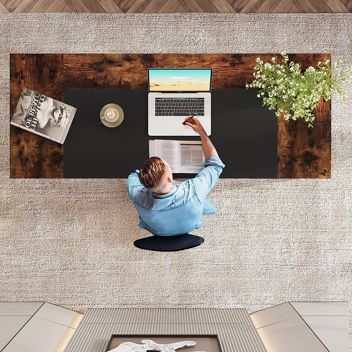 Tribesigns 63 inch Computer Desk Modern Office Desk with Shelf for Home Office, Large Writing Table Wood Business Workstation with Storage Shelves and Sturdy Metal Frame for Study Bedroom, Black Brown