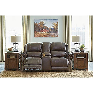 Signature Design by Ashley Buncrana Traditional Dual Sided Power Reclining Loveseat with Nailhead Trim, Center Storage Console and USB Port, Brown