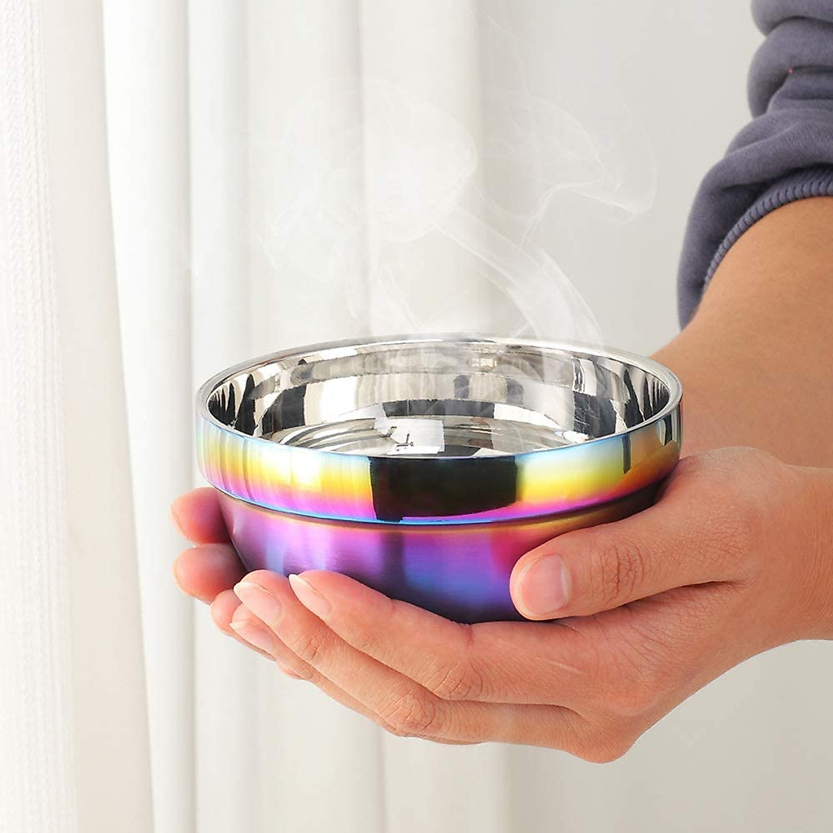 FPXRNG Rainbow Bowl Set of 4x Cereal Bowls and 4x Spoons Double Layer Stainless Steel 5.1 inch Round Bowls for Rice Ice Cream bowl Set for Kitchen