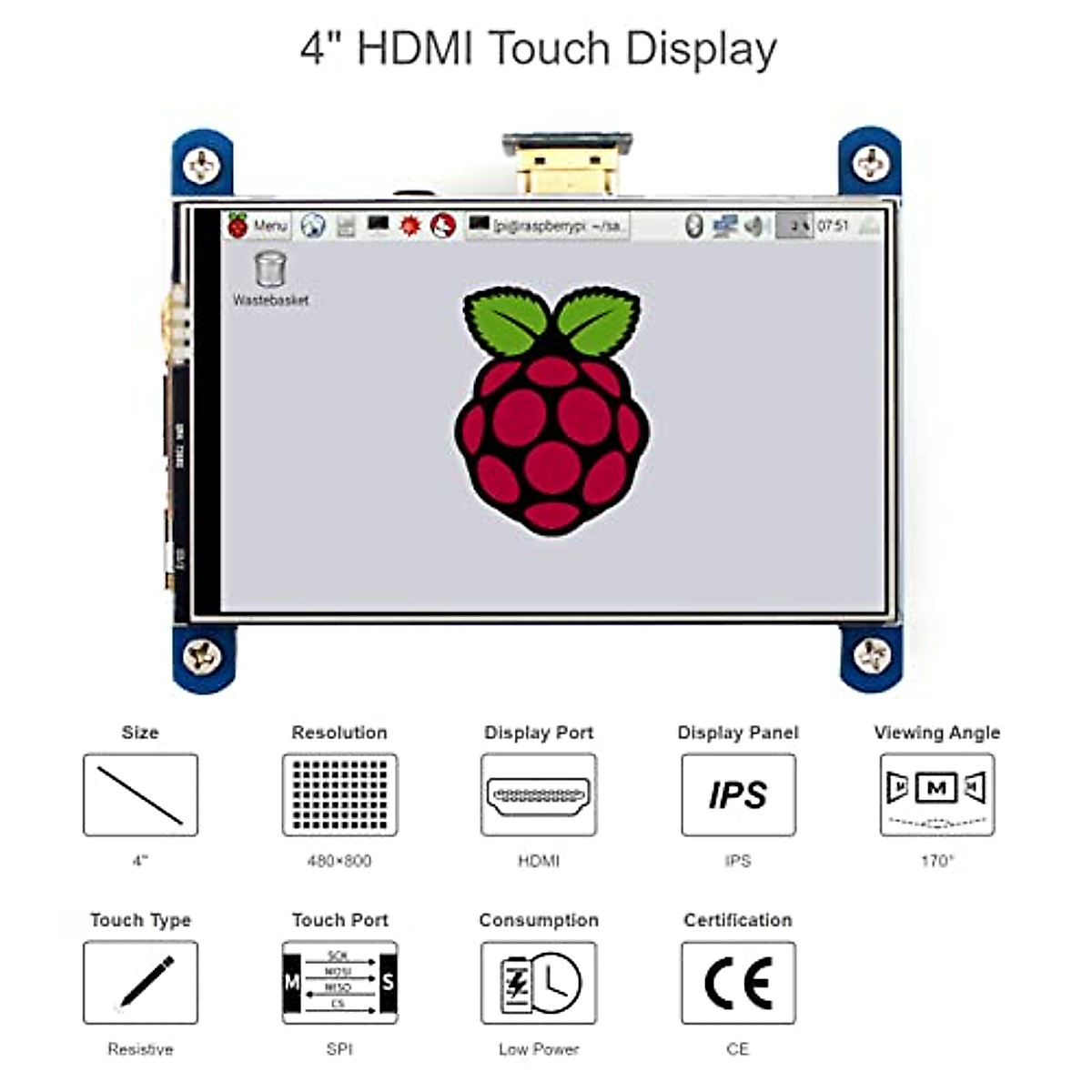 Coolwell Waveshare 4 Inch for Raspberry Pi Screen Touchscreen 480x800 IPS LCD Display Small HDMI Monitor for Raspberry Pi 4B+ 4B 3B+ 3B 2B+ Zero Windows 11 10 8.1 8 7