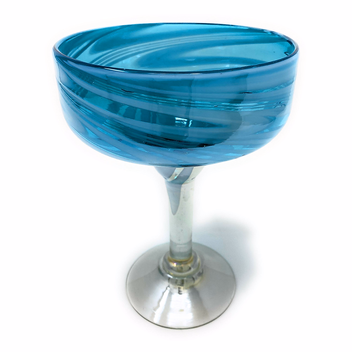 Dos Sueños Mexican Hand Blown Glass – Set of 4 Hand Blown Margarita Glasses Aqua Swirl (16 oz)