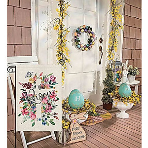 Easter Religious Cross Garden Flag 12x18 Inch Double Sided He is Risen with Flower,Small Seasonal Yard Flag for Farmhouse Holiday Outdoor Outside Decor