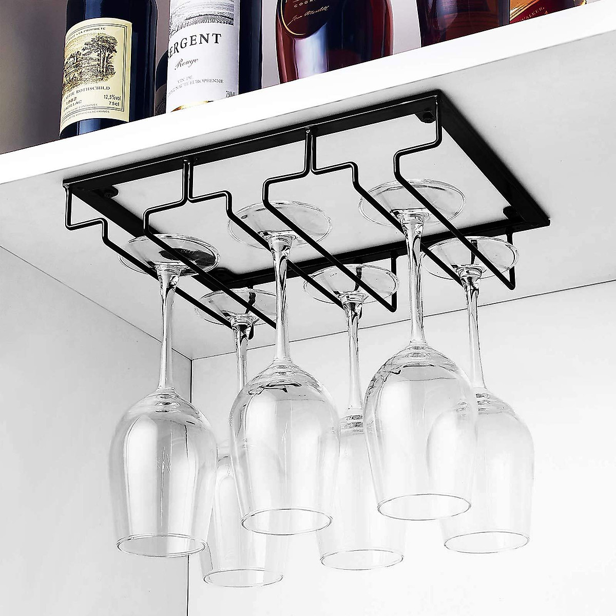 Wine Glass Holder, Wine Glass Rack Under Cabinet, Stemware Holder Metal Wine Glass Shelf Organizer, Wine Glass Storage Hanger Metal Organizer for Bar Cabinet Kitchen Decor (1 Pack, Black, 3 Rows)