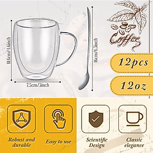 12 Pcs 12 oz Glass Coffee Mugs with Handle Set Clear Glass Coffee Cups Insulated Double Walled Glass Mugs for Hot Beverages Clear Borosilicate Cups with 12 Pcs Spoons for Cappuccino Latte Espresso