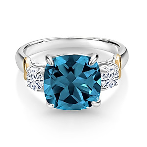 Gem Stone King 925 Sterling Silver and 10K Yellow Gold Customized and Personalized 10MM Cushion Cut and 4MM Round Gemstone Birthstone 3 Stone Name Engraved Ring For Women (Size 6)