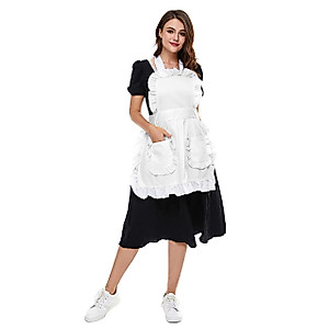 LilMents Women's Ruffles Outline Retro Pockets Apron Kitchen Cooking Cleaning Maid Costume (White)