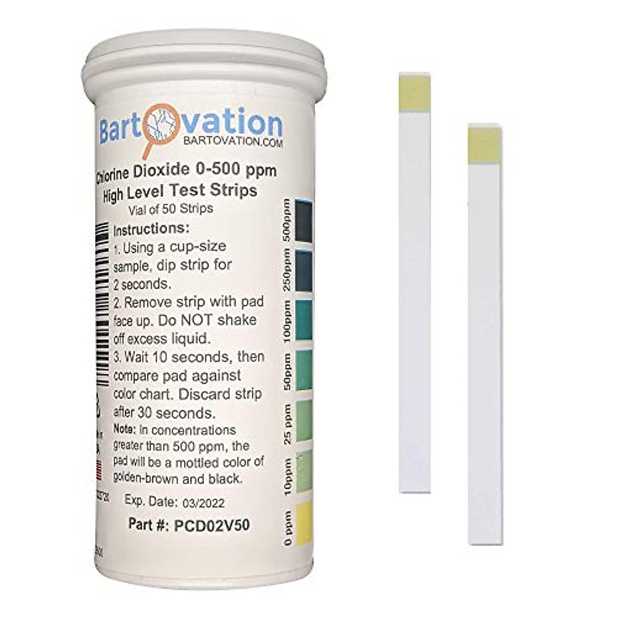 Chlorine Dioxide Single Factor Test Strips, 0-500 ppm [Vial of 50 Strips]