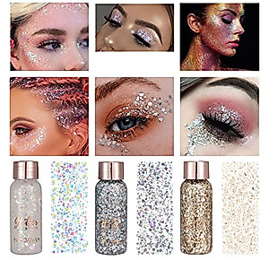 Face Glitter Gel, 3 Jars Holographic Chunky Glitter Makeup for Body, Hair, Face, Nail, Eyeshadow, Long Lasting and Waterproof Mermaid Sequins Shimmer Liquid Glitter (Set C)