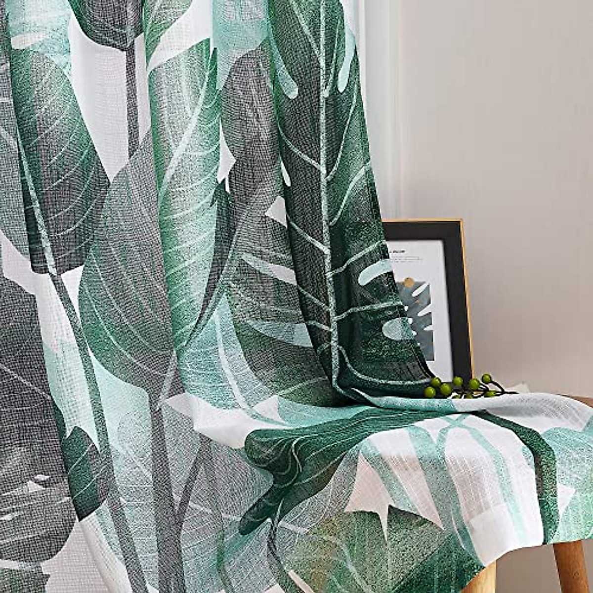 KGORGE Crossweave Sheer Curtains - Tropical Leaves Window Curtains for Bedroom Natural Pattern on White Sheer Backdrops for Dining Room Bathroom Sliding Door, W 50 x L 95 inch, 2 Pcs