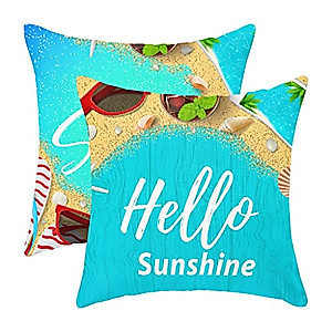 Outdoor Summer Pillow Covers 18x18 inch Set of 2 Teal Hello Sunshine Decorative Throw Pillow Covers Pillowcase Summer Decorations for Patio Garden Porch (18"x18", Hello Summer)