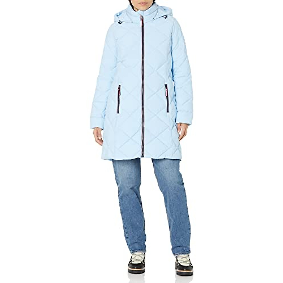 Tommy Hilfiger Women Quilted Hooded Solid, Cerulean, Medium