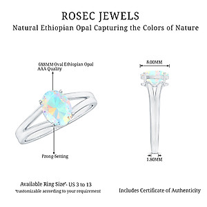 Rosec Jewels Natural Opal Oval Engagement Ring, AAA Quality, 6X8 MM Ethiopian Opal Split Shank Engagement Ring - Ready To Gift, 14K White Gold, Size:US 9.00