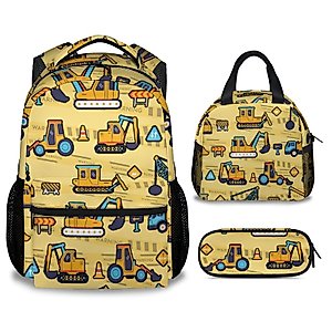 KNOWPHST Construction Backpack with Lunch Box Set for Boys, 3 in 1 Primary Middle School Backpacks Matching Combo, Large Capacity, Durable, Lightweight, Yellow Bookbag and Pencil Case Bundle