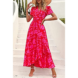 PRETTYGARDEN Women's Summer Wrap Maxi Dress Casual Boho Floral V Neck Short Sleeve Ruffle Hem Split Beach Long Dresses (Red Floral,X-Large)