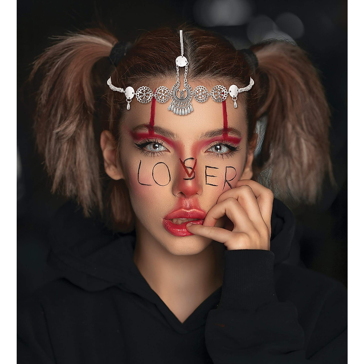 LOYALLOOK 6PCS Gold Head Chain Jewelry Boho Headband Head Chain Coins Crystal Moon Tassel Chain Hair Band Bridal Wedding Halloween Hair Headpiece for Women A