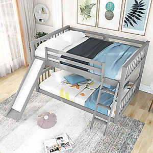 Acosure Full Over Full Bunk Bed with Convertible Slide and Ladder,Bedroom Wood Low Bed Frame W/Slats Support,No Box Spring Required,for Kids Teens Girls Boys,Gray
