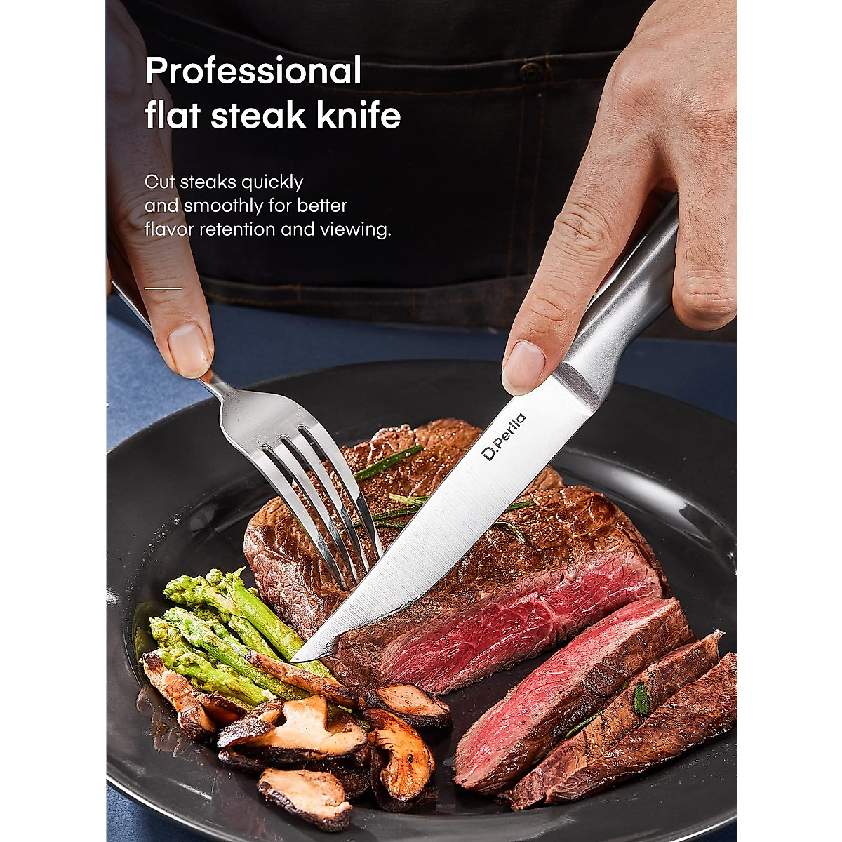 D.Perlla Steak Knives, Super Sharp Straight Edge Steak Knife Set of 8, Professional Straight Edge Kitchen Table Dinner Knives, Elegant High Carbon Stainless Steel Kitchen Steak Knife Set, 4.5IN