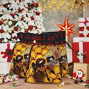 EVANEM Christmas Gift Bags with Drawstring Burlap Gift Bags Honeybee Christmas Linen Bags for Xmas Party Candy Bags with Cards Xmas Reusable Wrapping Bags Christmas Linen Treat Bags for Holiday