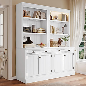 Linique 2PCS Modern Tall Bookshelf with LED Lights, Drawers, Open Shelves & Doors, Storage Bookcase with Adjustable Shelves for Living Room, Bedroom, Home Office, White