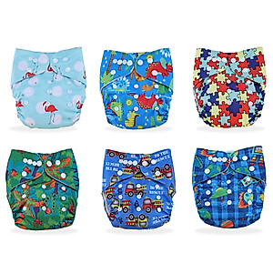 TDIAPERS Cloth Diapers Washable Reusable One Size Adjustable for Baby 6 Pack with 12 Inserts
