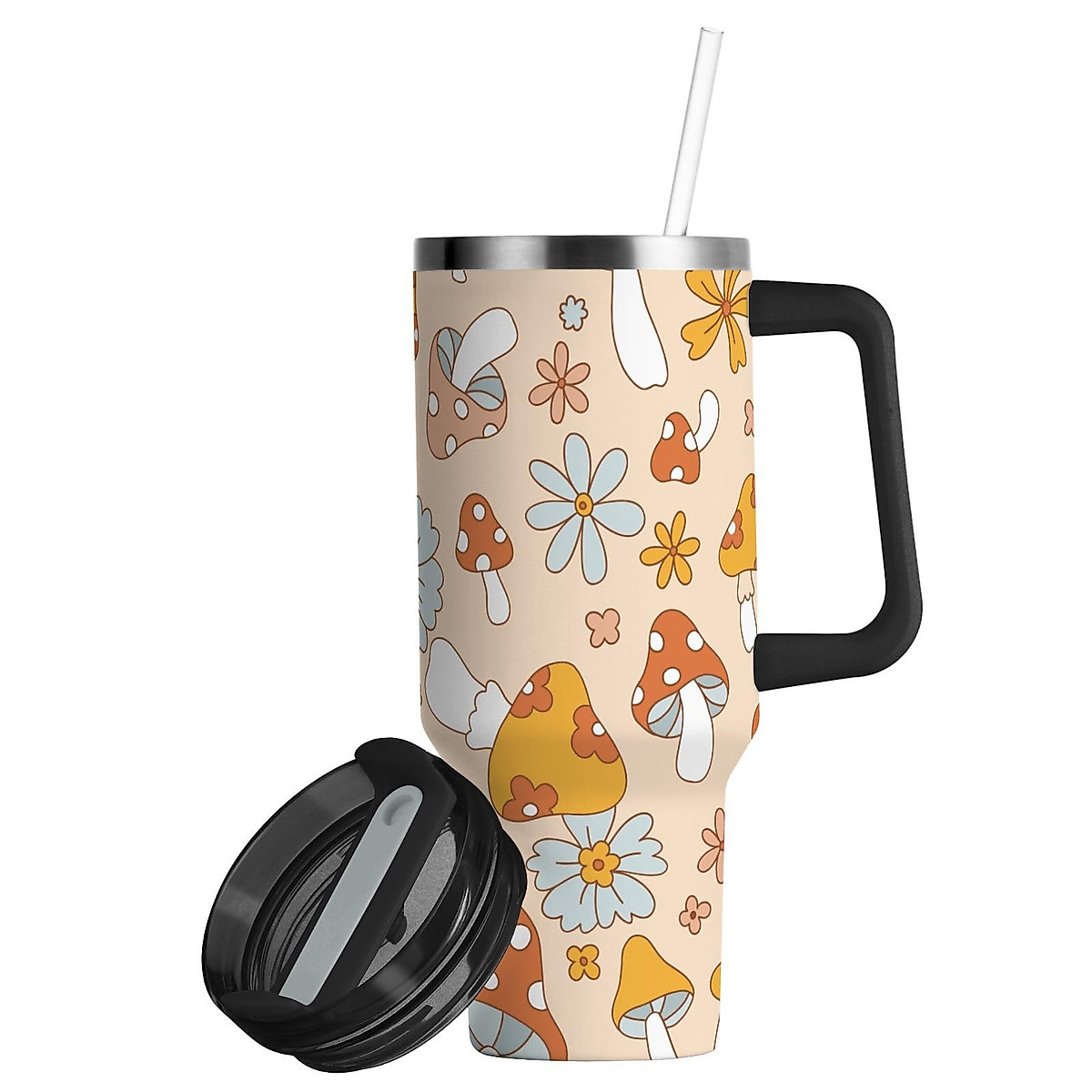 Yasala Car Tumbler with Handle Wild Mushroom Spring Flower Travel Mug Coffee Cup Insulated Beverage Container Mega Cup for Hot Cold Drinking Thermos Water Bottle Cupholder Friendly 40 oz