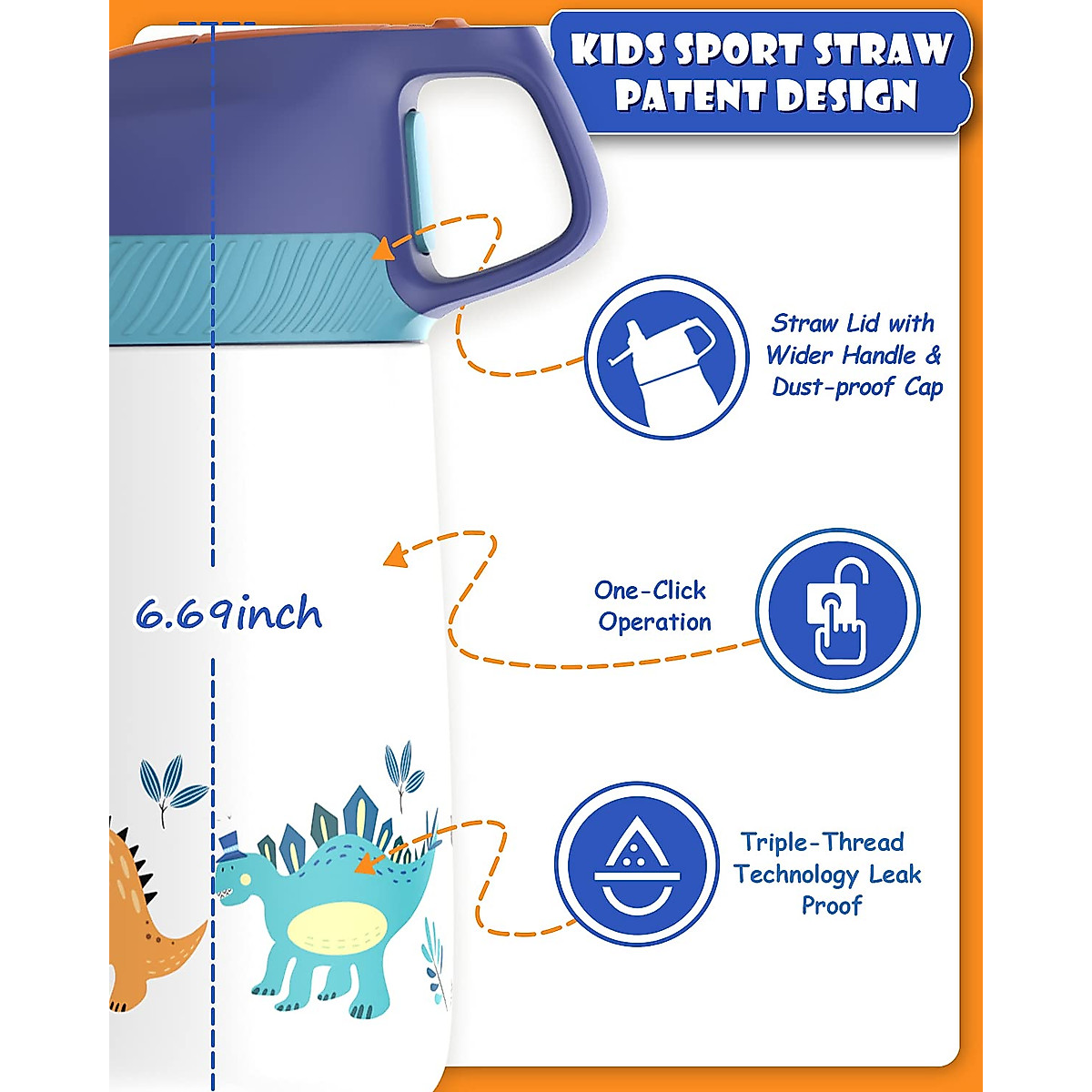 FEIJIAN Kids Insulated Water Bottle With Straw Lid 14oz, Leak-Proof BPA-FREE Metal Drink Flask, Double Wall Vacuum Stainless Steel Cup