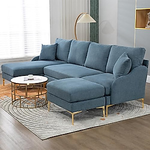 Modern 110'' W U-Shape Sectional Sofa, 4-Seat Sofa Couch with Chaise Lounge and Ottoman, Reversible Left or Right Chaise, Modular Sofa with Golden Metal Legs for Living Room Apartment Office,Blue