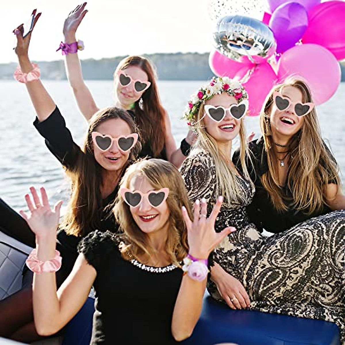 PLULON 9 Pairs Heart Shaped Sunglasses with 9 Pieces Satin Hair Scrunchies Bachelorette Party Heart Sunglasses Bulk Bride Bridesmaid Glasses for Wedding Party