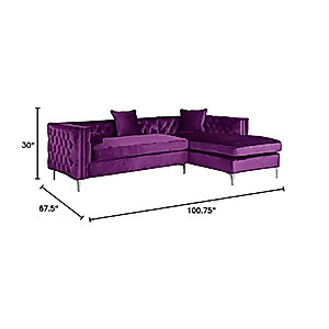 Iconic Home Da Vinci Velvet Modern Contemporary Button Tufted with Silver Nailhead Trim Silvertone Metal Y-Leg Right Facing Sectional Sofa, Purple