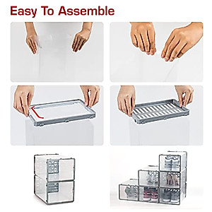 Shoe Boxes Clear Plastic Stackable, 12 Pack Foldable shoes Organizer Storage Container for Closet Space Saving (Medium, B-Clear)