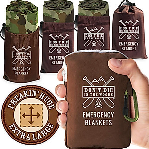 Don't Die In The Woods - Freakin’ Huge Emergency Blankets [4-Pack] Extra-Large Thermal Mylar Space Blankets with Ripstop Nylon Stuff Sacks + Carabiner Zipper Pack [Woodland Camo]