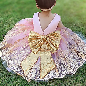 0-6T Big Bowknot Sequins Embroidered Lace Party Tutu Gown Toddler Baby Girls Dress with Headwear Easter Ball Gown Dress Pink 80