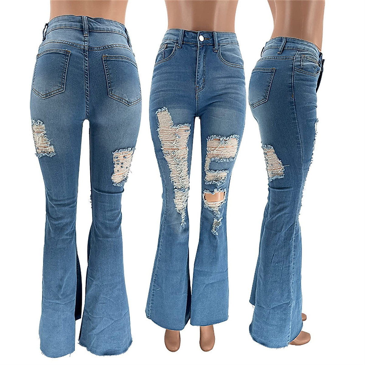 Maiyifu-GJ Bell Bottom Jeans for Women Ripped Mid Rise Raw Hem Flared Jean Slimming Skinny Stretch Wide Leg Denim Pants (Blue,Small)