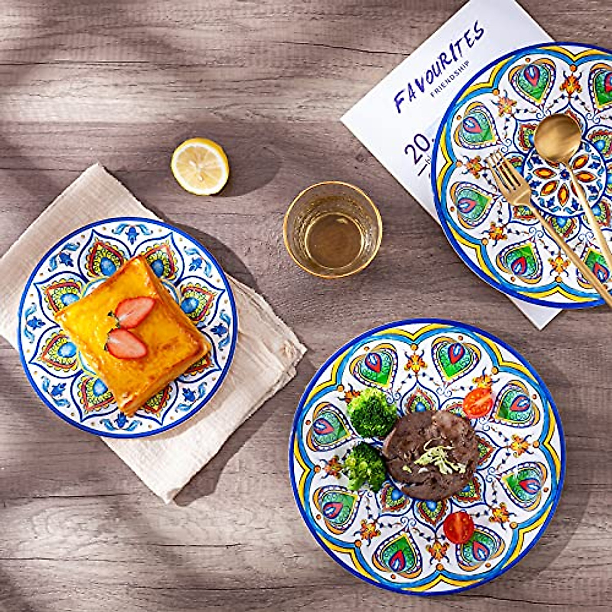 Melamine Dinnerware Set - 12 Pcs Dishware DurableOutdoor Plastic Plates Bowls Service for 4 (Gold Floral)