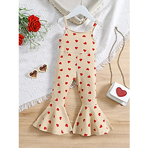 BOUTIKOME Toddler Baby Girl Valentine's Day Outfits Bell Bottom Romper Love Heart Strap Sleeveless One Piece Jumpsuit(Beige,4-5T)