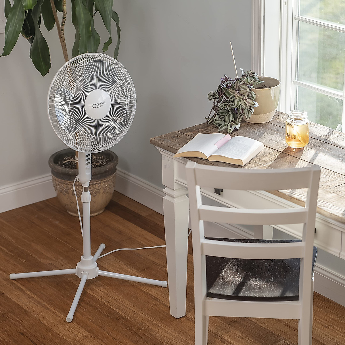 Comfort Zone Electric Oscillating Pedestal Fan, Stand Fan, 16 inch, 3 Speed, 90 Degree Oscillating Head, Adjustable Height and Tilt, Airflow 7.48 ft/sec, Ideal for Home, Bedroom & Office, CZST161BTE