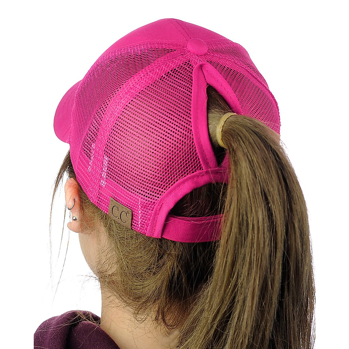 C.C Ponycap Messy High Bun Ponytail Adjustable Mesh Trucker Baseball Cap Hat, Hot Pink