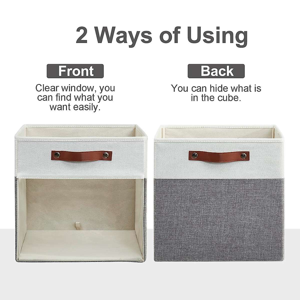 Bagnizer Storage Cubes with Clear Window Linen Fabric Collapsible Storage Bins with Handles 13 x 13 Inch Foldable Storage for Shelf Closet 4 Pack, Grey and White