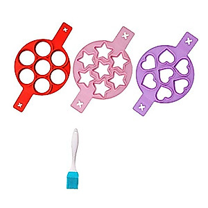 3 PCS Pancake Mould Ring Fried Egg Mould Reusable Silicone Nonstick Pancakes Muffin Mold,Heart/Star/Round Shape,Silicone Brush,Measuring Spoons,Saving Time