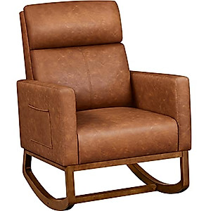 Yaheetech Leather Glider Chair, Modern Rocking Chair, Nursery Faux Leather Glider Chair with Rubber Wood Legs and Side Pocket, Rocking Accent Armchair for Living Room, Bedroom, Brown