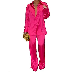 GTMRINJN Women's Long Sleeve Button Down Sleepwear Loose Satin Tops and Wide Leg Pants Set 2 Piece Loungewear Pjs Rose Red M