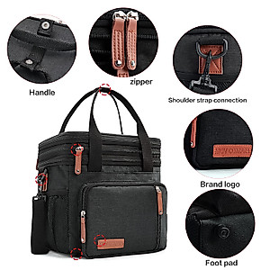 MOV COMPRA Movcompra Black Adult Insulated Lunch Box for Work, Expandable Large Lunch Bags for Women Men, Leakproof Double Deck Lunch Box Cooler Tote Bag with Removable Shoulder Strap