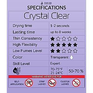 Crystal Clear Eyelash Extension Glue Stacy Lash (0.17fl.oz/5ml)/1 Sec Drying Time/Retention – 8 Weeks/Transparent Adhesive/Professional Supplies