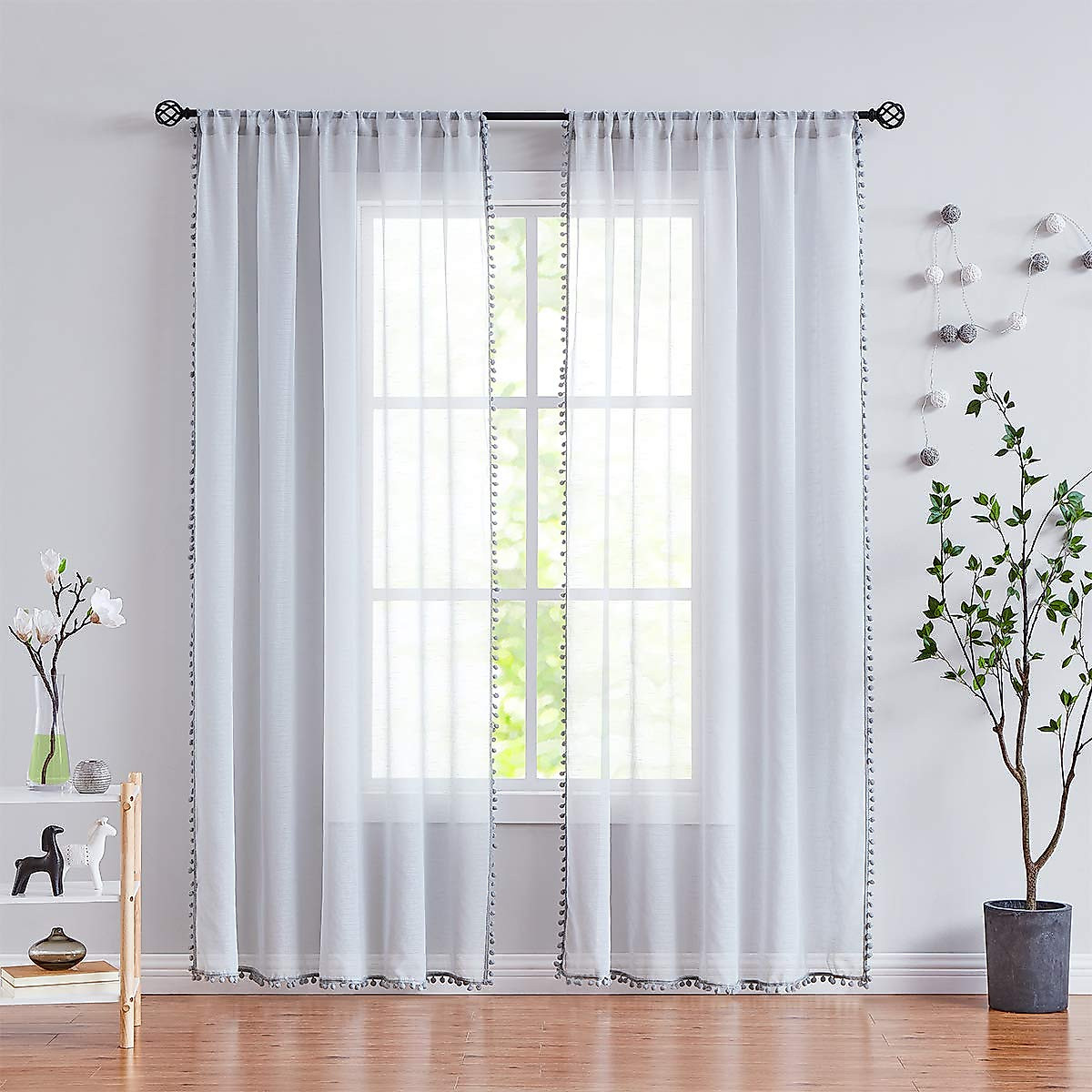 Treatmentex Grey Sheer Window Curtains for Living Room 95 inches Pom-Pom Canopy for Children Bedroom Rod Pocket 2Pack