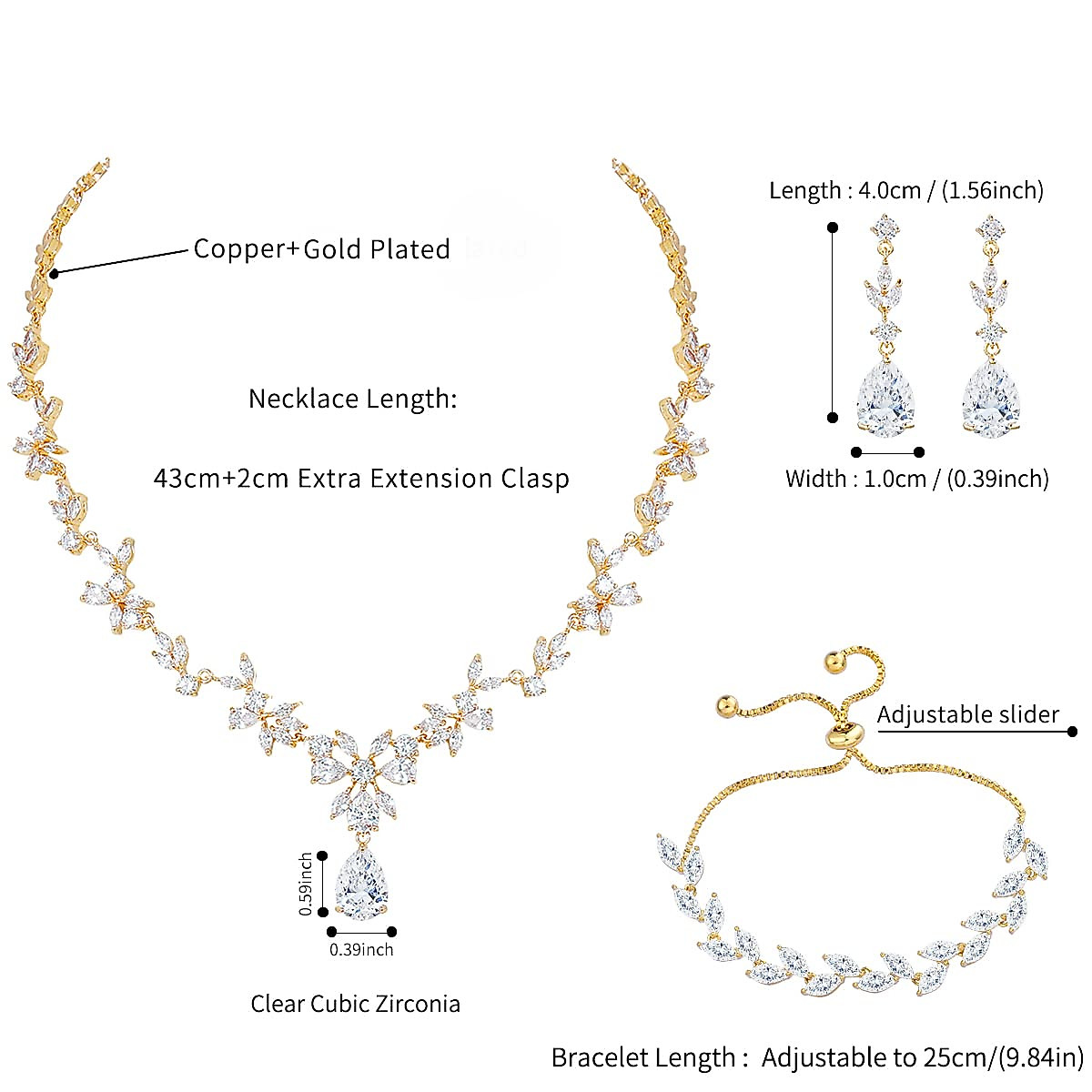 MEEDOZ Gold Plated Necklace Dangle Earring Bracelet Set with Marquise Pear-Shaped Teardrop Cubic Zirconia for Women (Gold)