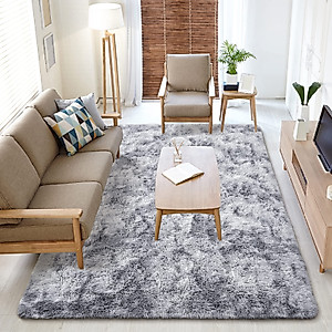 Softlife Fluffy Rug for Living Room, 6x9 Feet Plush Area Rug for Bedroom, Tie-Dyed Grey Furry Shag Rug for Aesthetic Christmas Room Decor, Soft Modern Fuzzy Faux Fur Carpet for Kids Nursery Room Dorm
