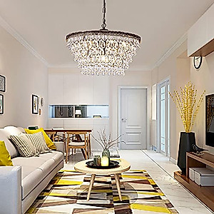 Wellmet Crystal Chandelier, 6-Light 5 Tiers Farmhouse Crystal Light, Adjustable Hanging Bronze Ceiling Lighting Fixture, Modern Foyer Dining Room Chandeliers for Bedroom,Hallway,Bar,Kitchen, W20-inch