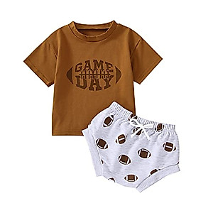 Funny Newborn Infant Baby Boy Girl Game Day Vibes Football Bodysuit Romper+Shorts Set Clothes Outfits 2Pcs (Brown, 0-6 Months)