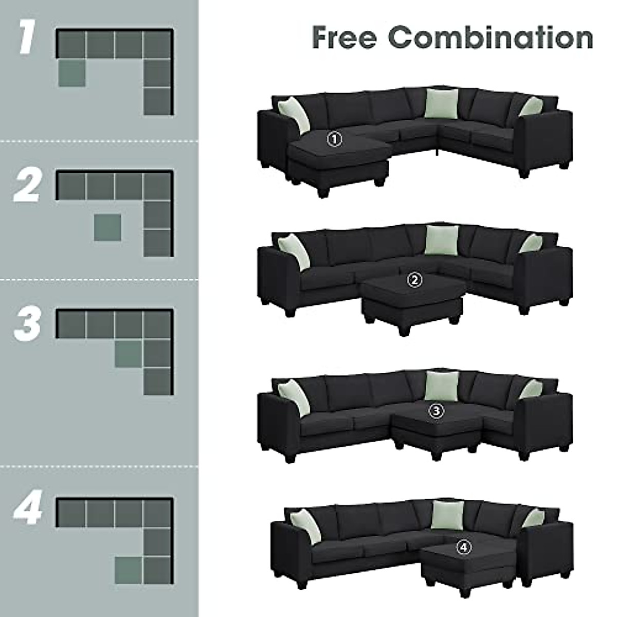 P PURLOVE Modern Large Sectional Sofa, L Shape Fabric Sofa Corner Couch Set with Ottoman and 3 Pillows, Extra Wide Chaise Lounge Couch for Living Room Apartment, Black